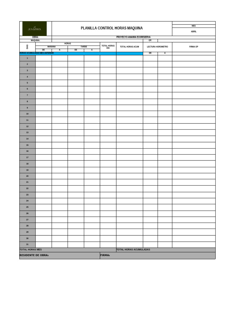 Planilla Control Horas Maquina | PDF