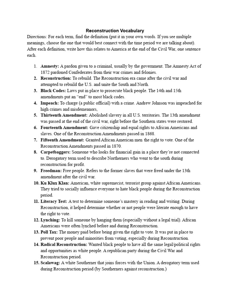 Reconstruction Era Vocabulary Guide | PDF | Reconstruction Era | Freedman
