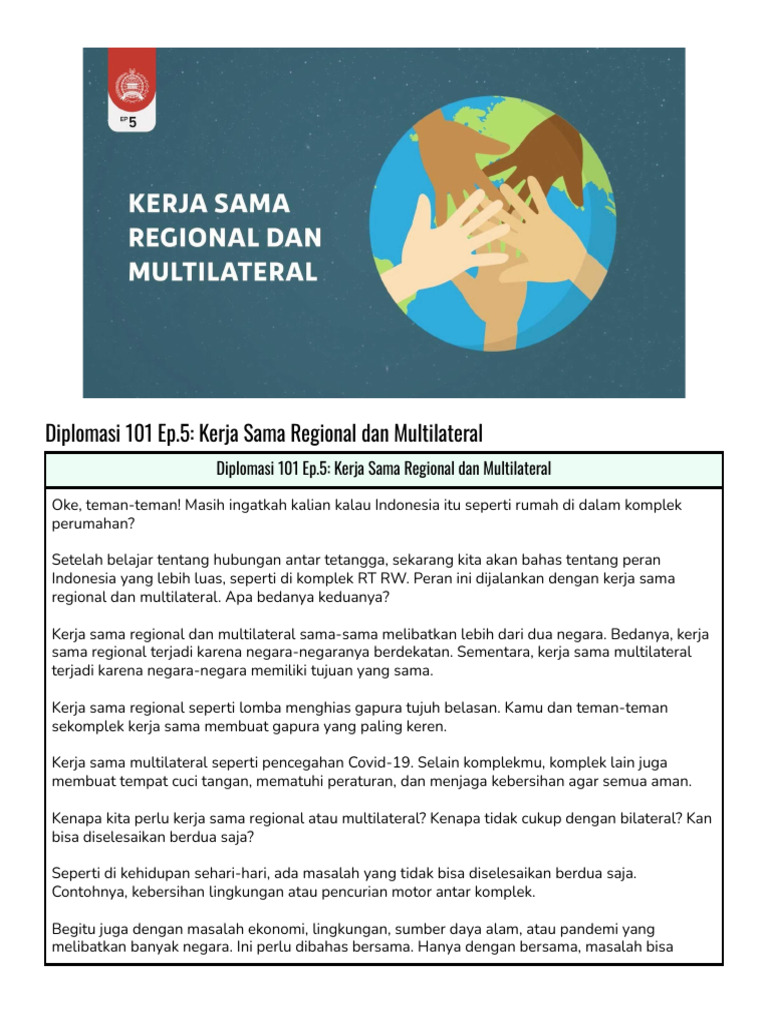 Diplomasi 101 Ep.5 - Kerja Sama Regional Dan Multilateral | PDF