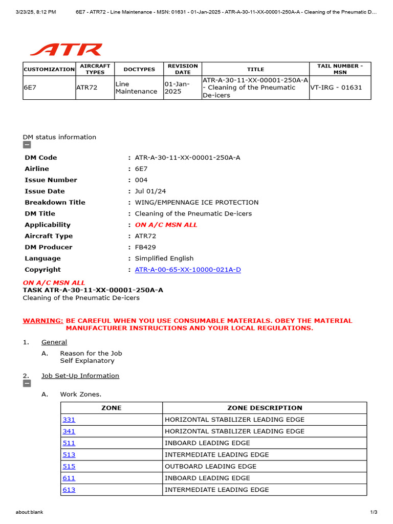 6E7 - ATR72 - Line Maintenance - MSN - 01631 - 01-Jan-2025 - ATR-A-30 ...