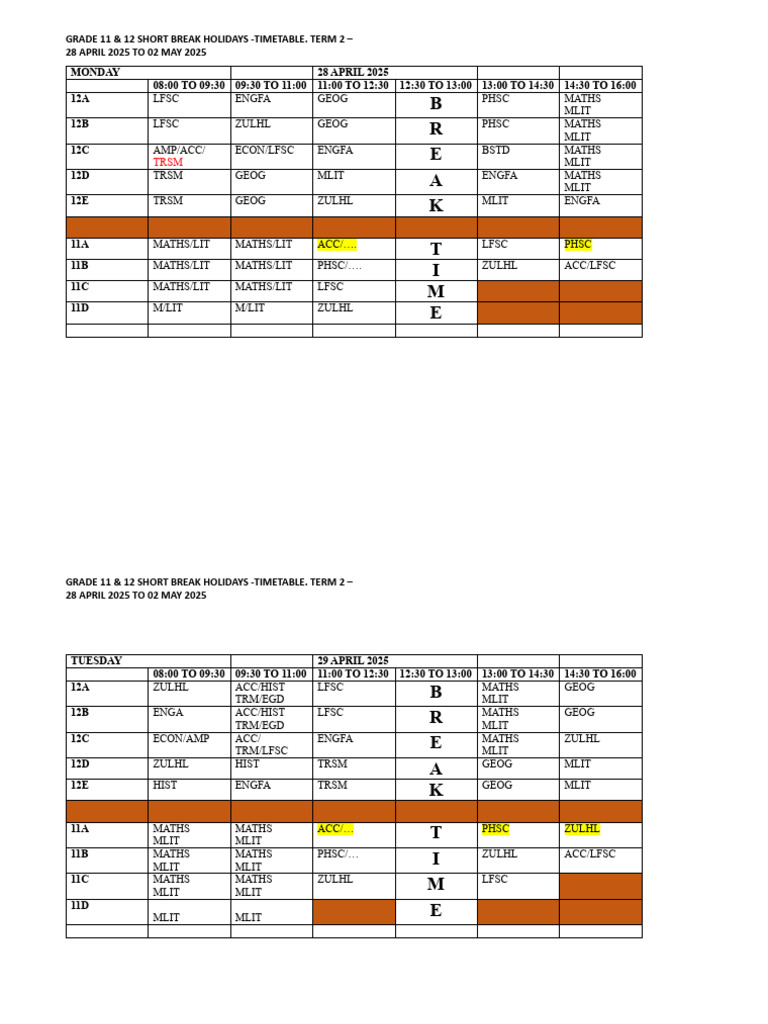 5 Days Break - Time Table - Mevamlhople High School | PDF