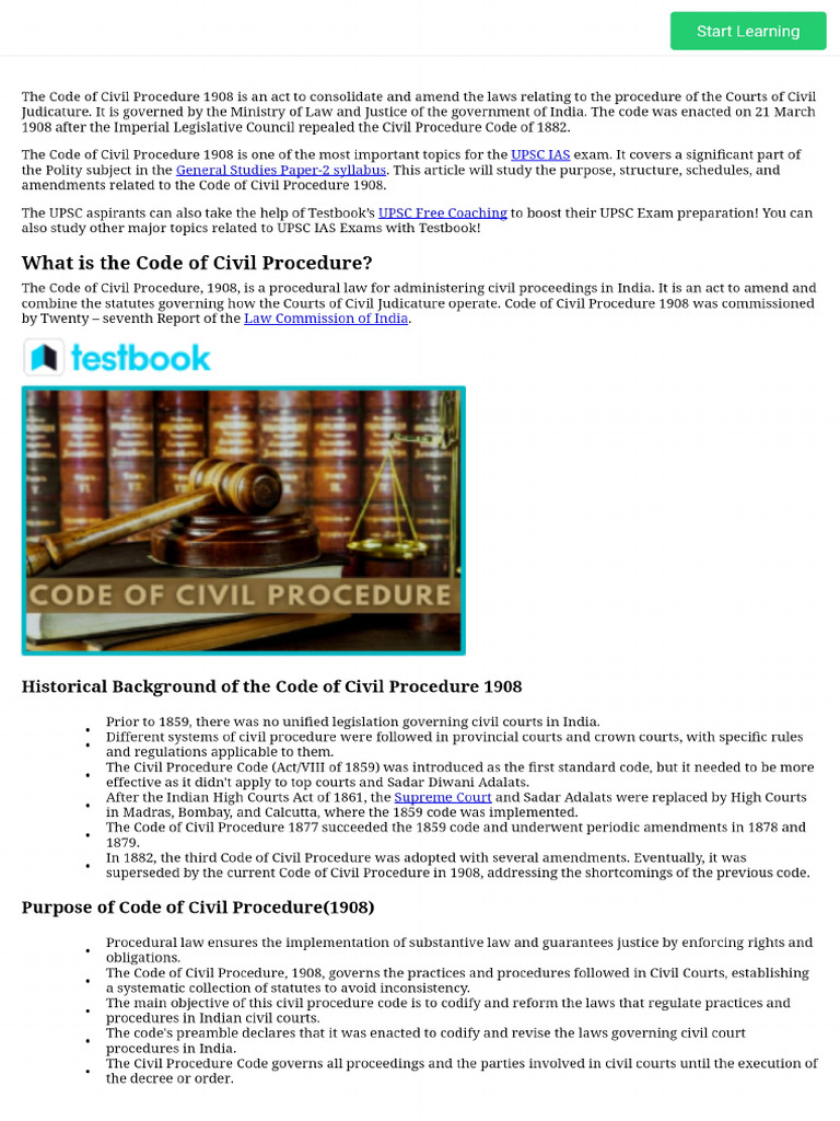 Code of Civil Procedure, 1908 - Purpose, Provisions & More _ UPSC | PDF