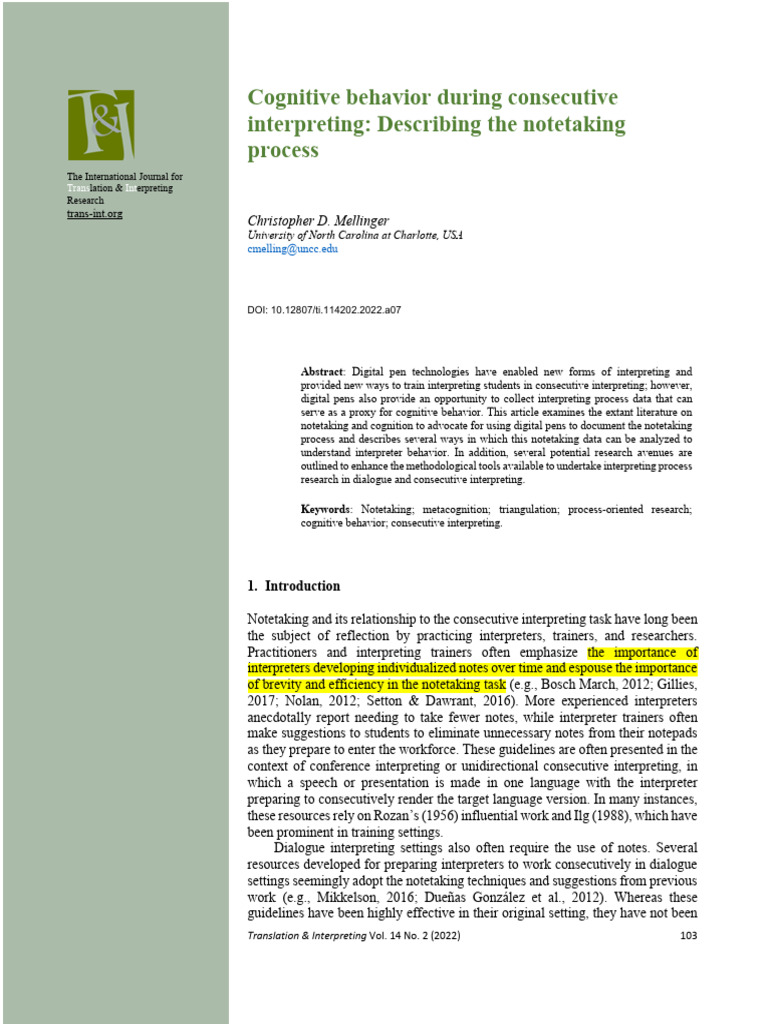 Cognitive Behavior During Consecutive Interpreting Describing The Notetaking Process | PDF ...