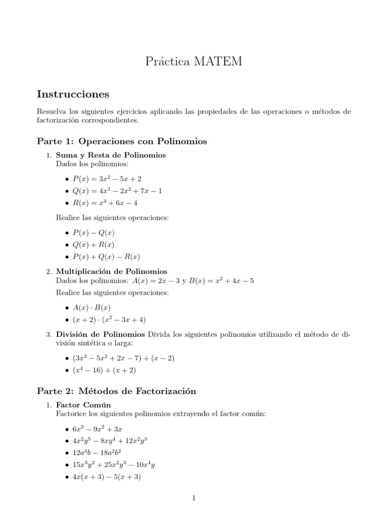 Práctica MATEM 1 | PDF | Factorización | Matemáticas