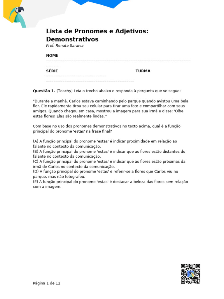 Lista de Pronomes e Adjetivos Demonstrativos | PDF | Tempo | Pronome