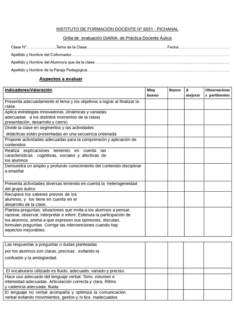 Grilla de Evaluacion Editada | PDF | Maestros | Evaluación