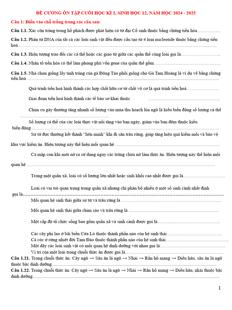 Ck2 - Sinh 12 - Đề cương - HS | PDF