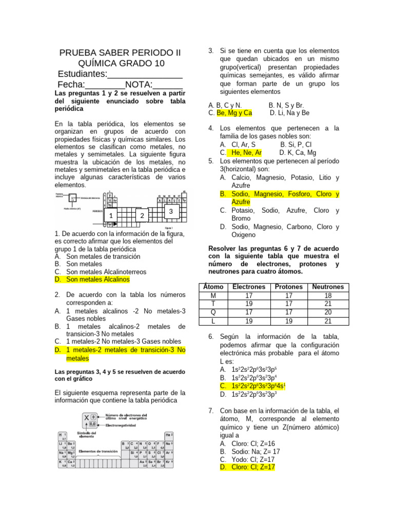 Prueba Saber Tabla Periodica Decimo | PDF | Átomos | Neutrón