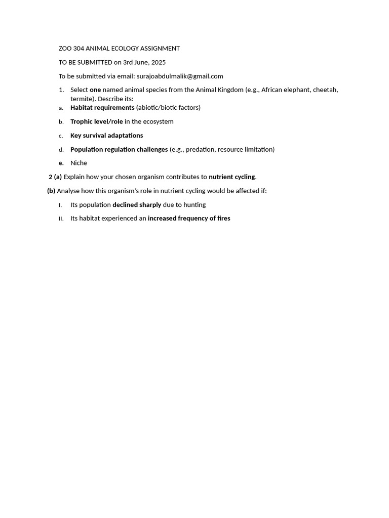 Zoo 304 Animal Ecology Assignment | PDF