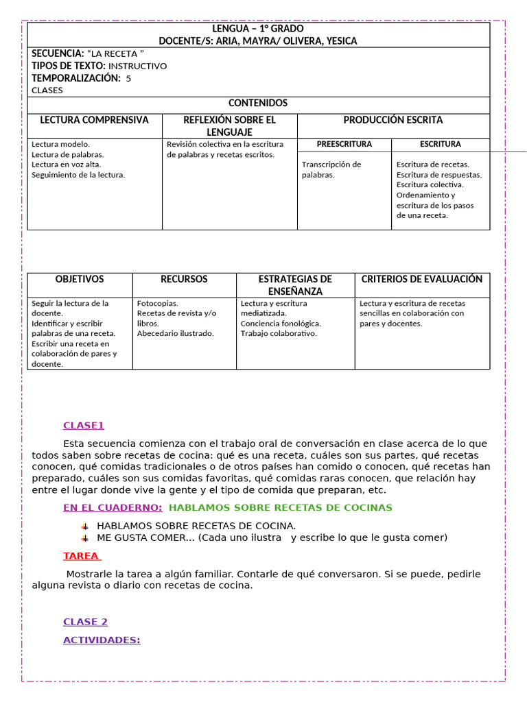 La receta: partes y actividades para niños | PDF | Escritura | Receta