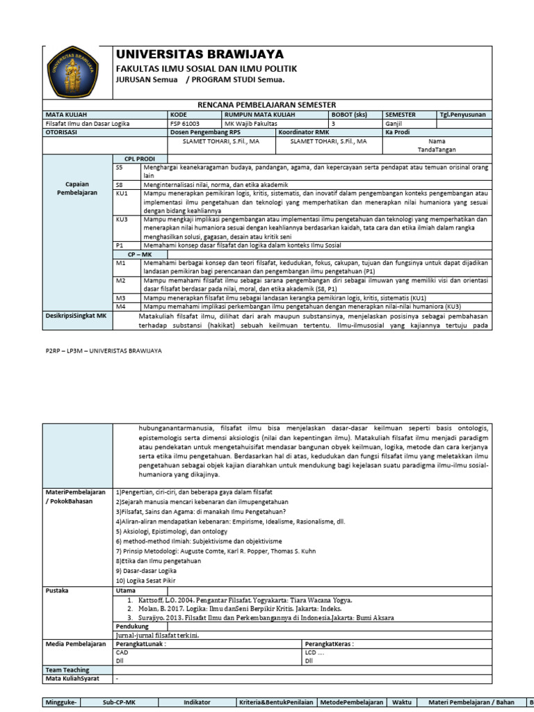 RPS Filsafat Ilmu - Dasar Dasar Logika | PDF