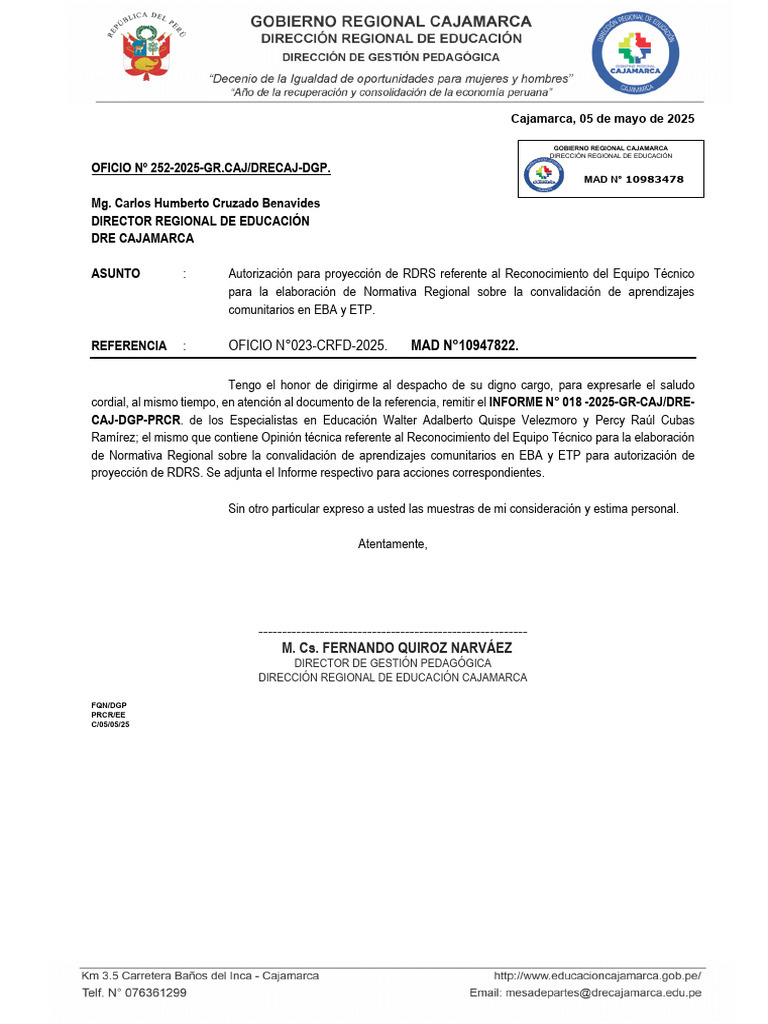 Oficio #252-2025-GR - Caj Proyecto - Oficio Dispurse | PDF