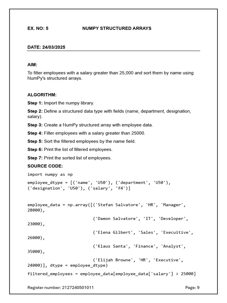 EX. NO: 5 Numpy Structured Arrays: Register Number: 2127240501011 | PDF