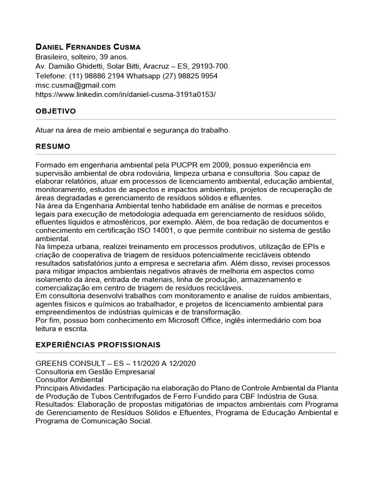 CV Engenheiro Ambiental Daniel Cusma | PDF | Desperdício | Engenharia ...