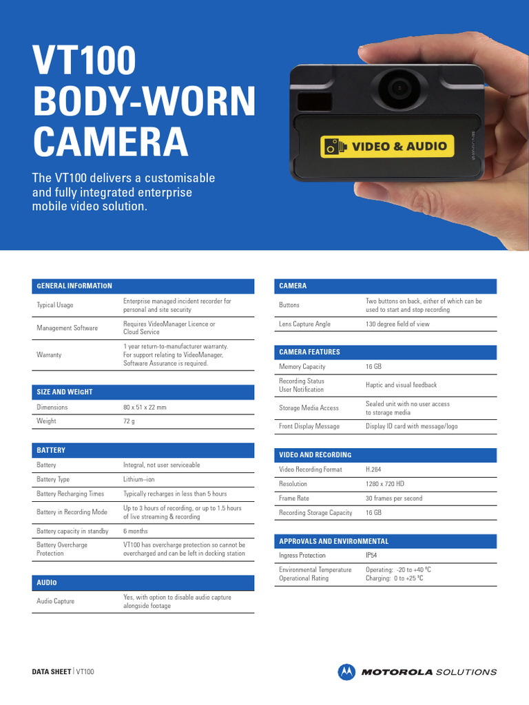 VT100 Body-Worn Camera Data Sheet | PDF | Camera | Wi Fi