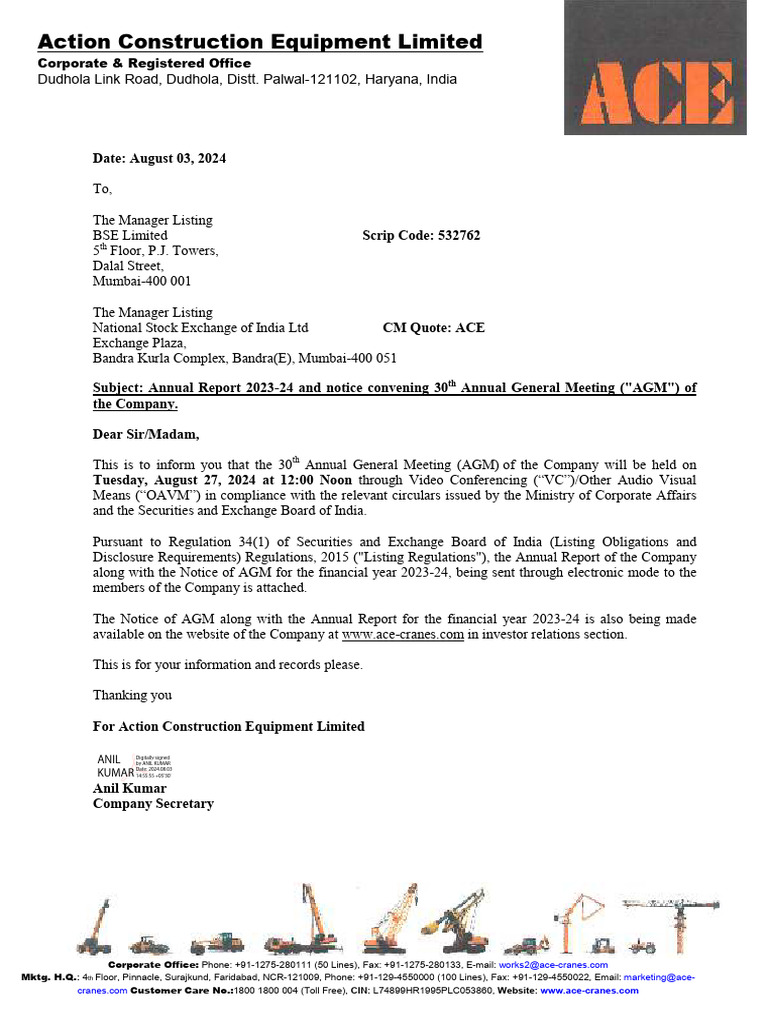 Action Construction Equipment Limited: Dudhola Link Road, Dudhola ...