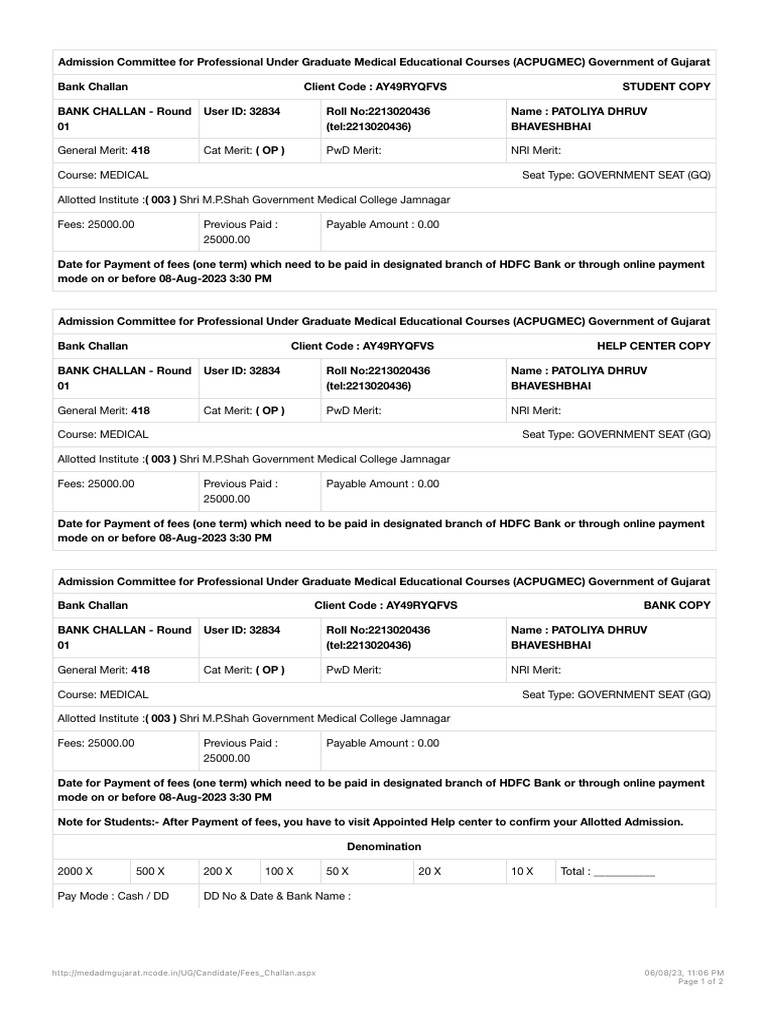 Medical Admission Bank Challan GQ Seat | PDF | Banking | Payments