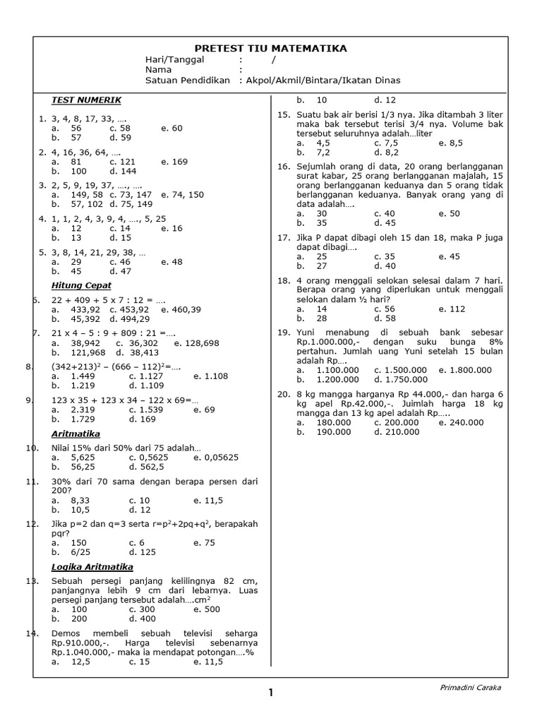Soal Post Test Tiu MTK | PDF