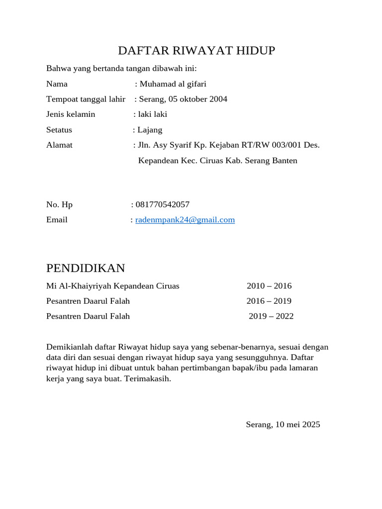 Daftar Riwayat Hidup Gifar | PDF