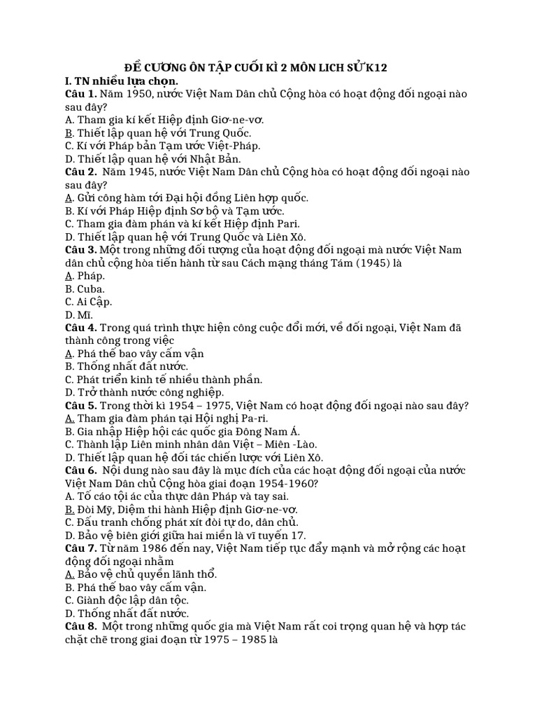 ĐỀ CƯƠNG ÔN TẬP CUỐI KÌ 2 MÔN LICH SỬ K12 | PDF