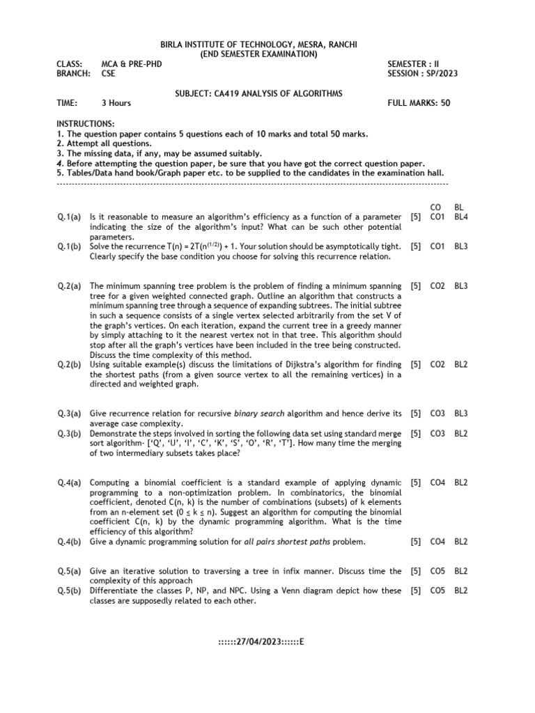 ANALYSIS OF ALGORITHMS (END_SP23) | PDF | Dynamic Programming | Combinatorics