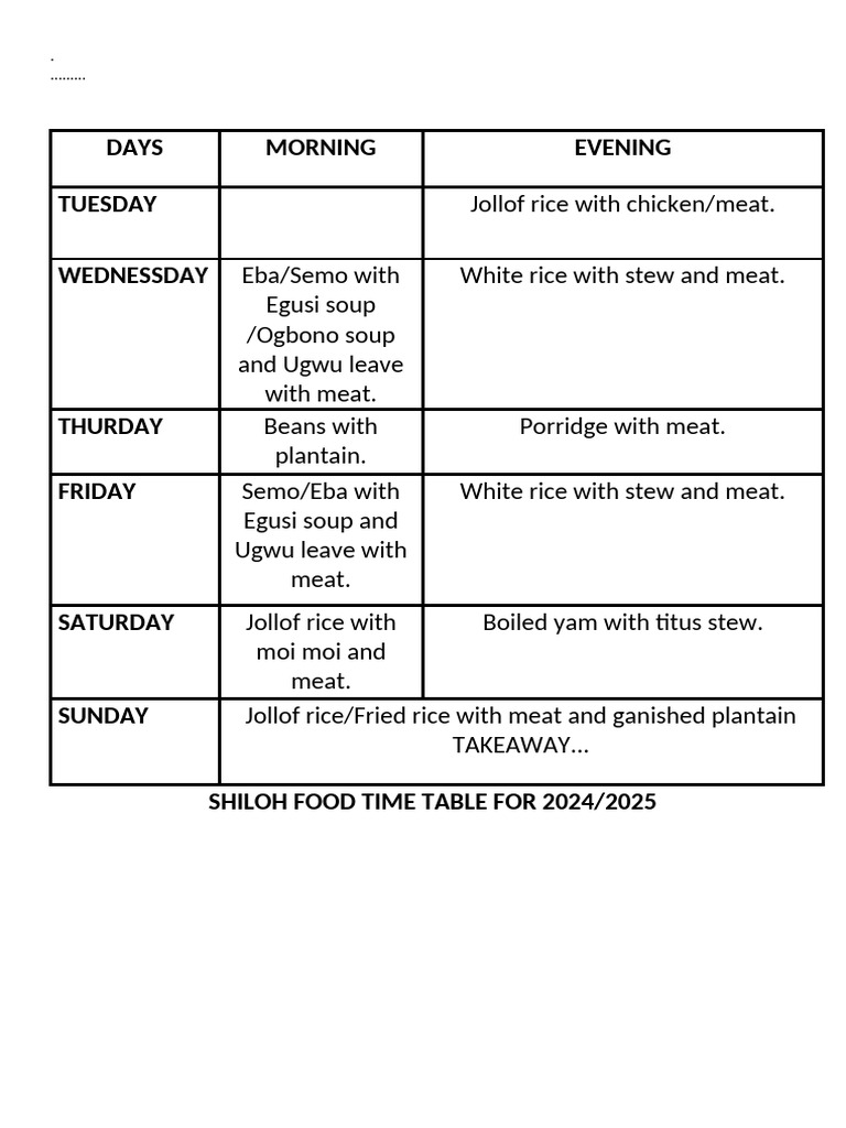 New 2024 Shiloh Food Timetable | PDF