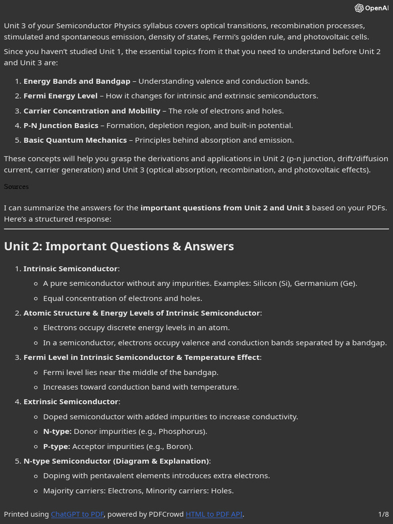 Unit 2 - Important Questions & Answers | PDF | Semiconductors | Doping (Semiconductor)