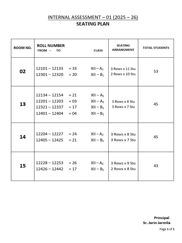 1 Seating Plan For Classes 12 IA - 01 2024-25 | PDF