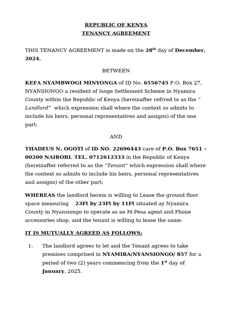 Kenya Tenancy Agreement for M-Pesa Shop | PDF | Leasehold Estate | Landlord