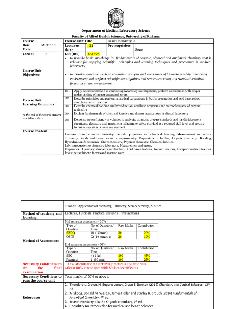 MLS 1122 Basic Chemistry - Course Unit Specification | PDF | Titration ...