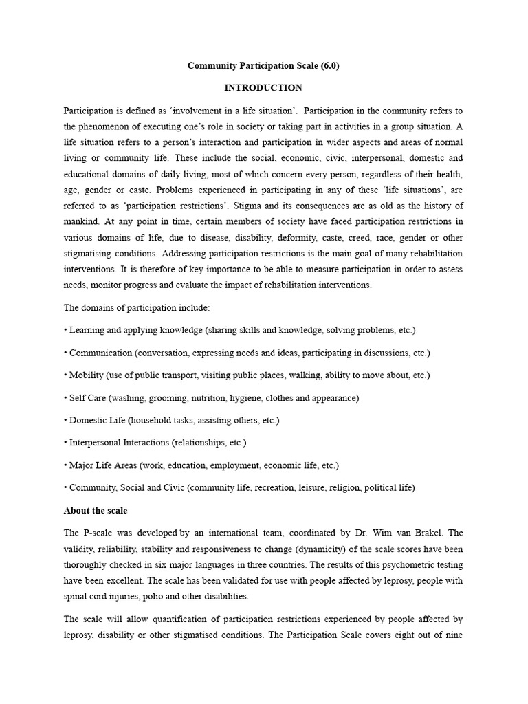 Community Participation Scale | PDF | Disability | Psychology