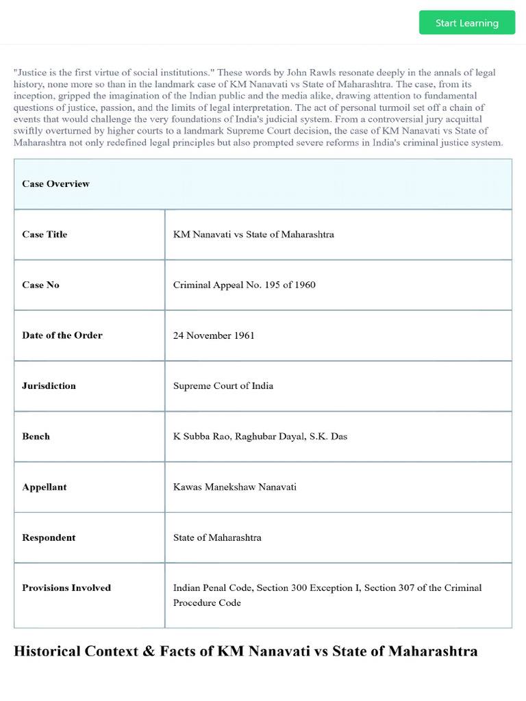 KM Nanavati Vs State of Maharashtra (1962) - Case Analysis | PDF