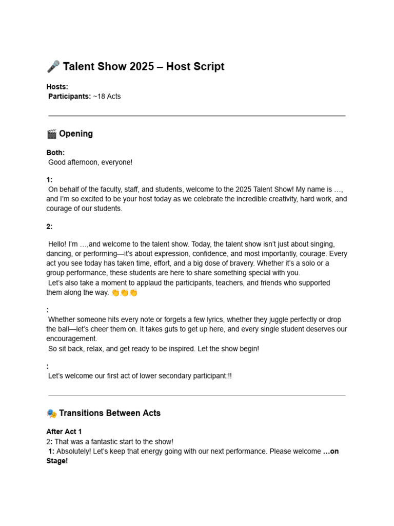 ? Talent Show 2025 - Host Script | PDF