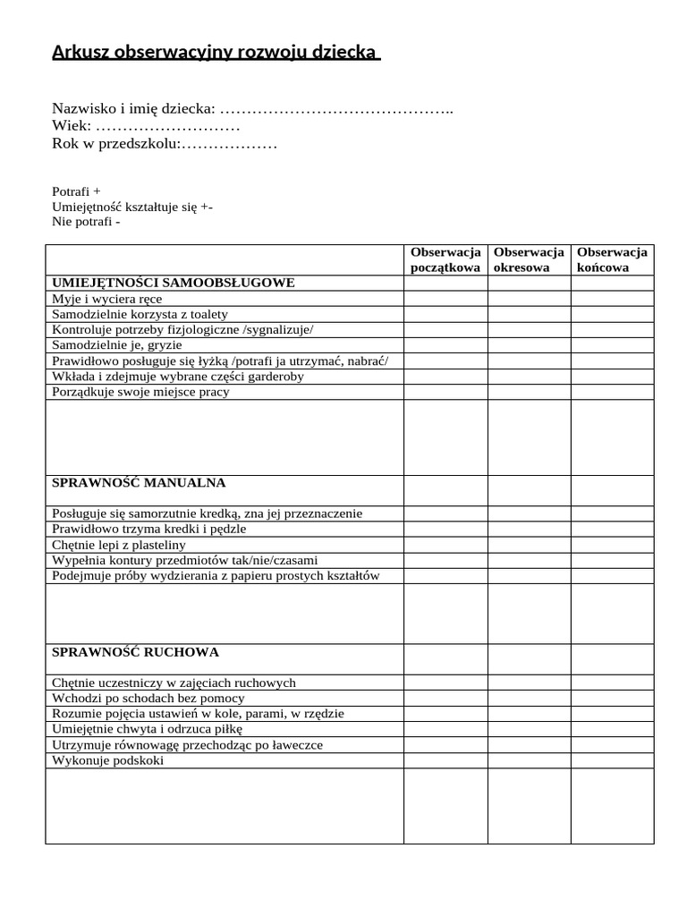 Arkusz Obserwacji Maluchy | PDF