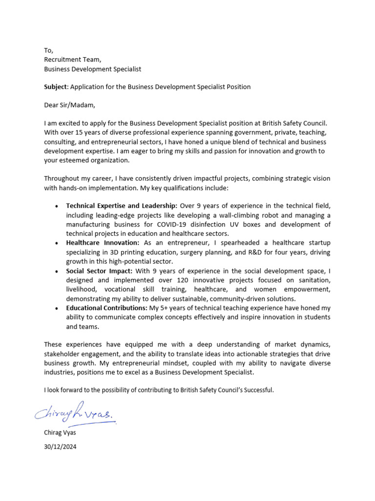 Cover Letter - Business Development Specialist | PDF