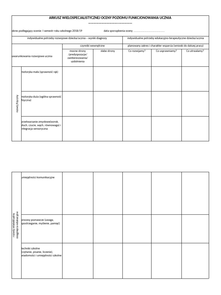 Arkusz Wielospecjalistycznej Oceny Poziomu Funkcjonowania Ucznia | PDF
