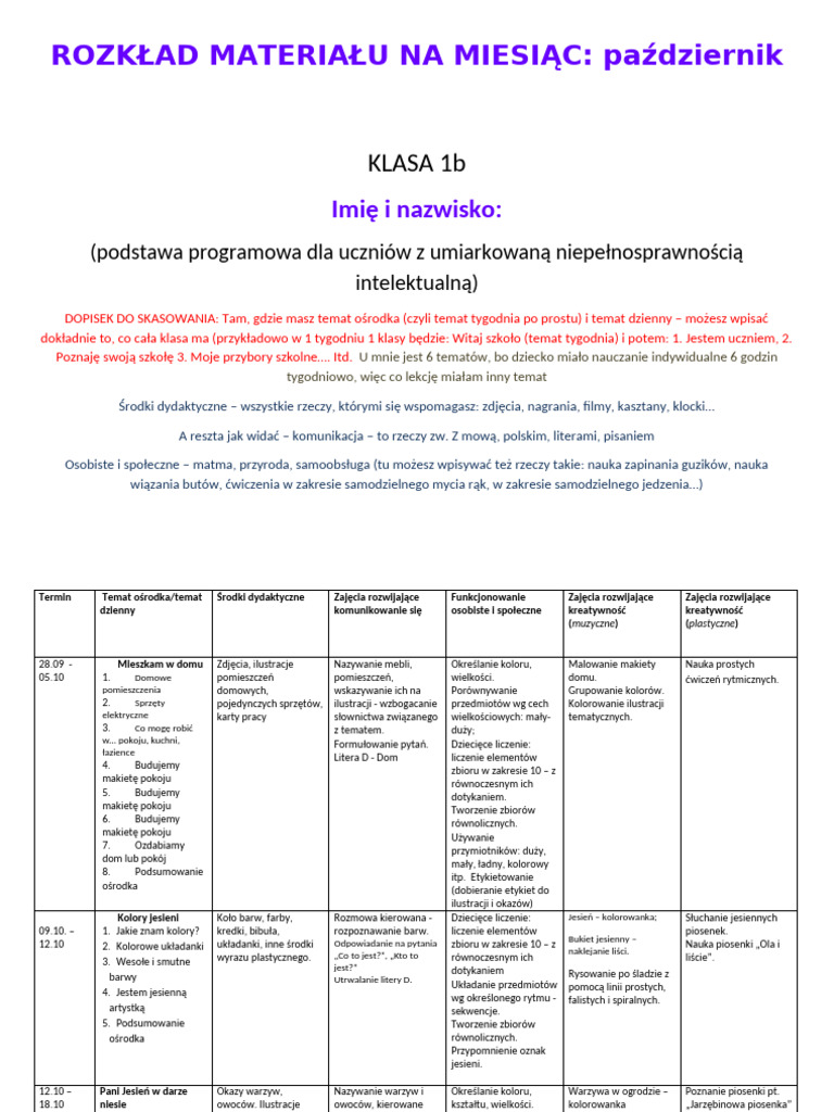 Przykłądowy Rozklad Umiarkowany | PDF