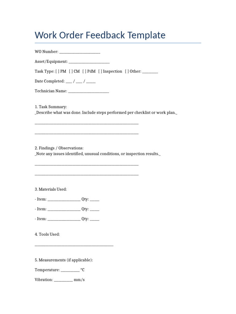 Work Order Feedback Template Guide | PDF