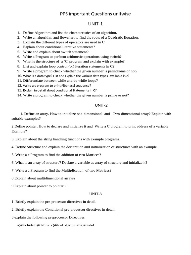 PPS Important Questions Unitwise | PDF