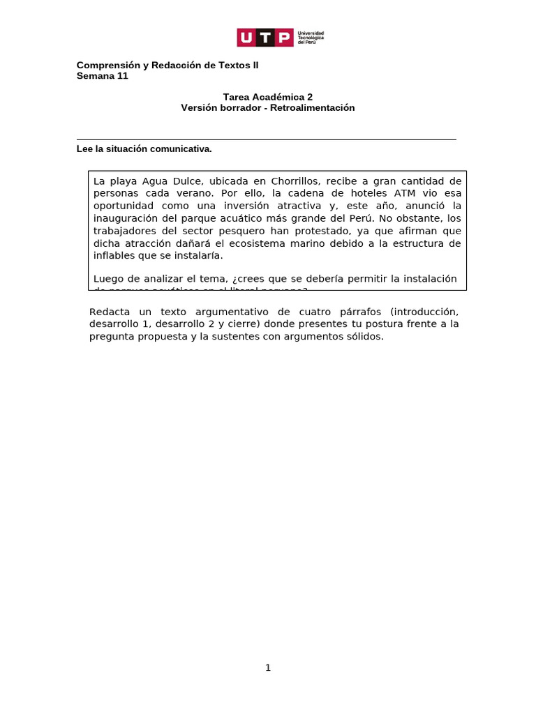 Comprensión y Redacción de Textos II Semana 11 Tarea Académica 2 Versión Borrador ...