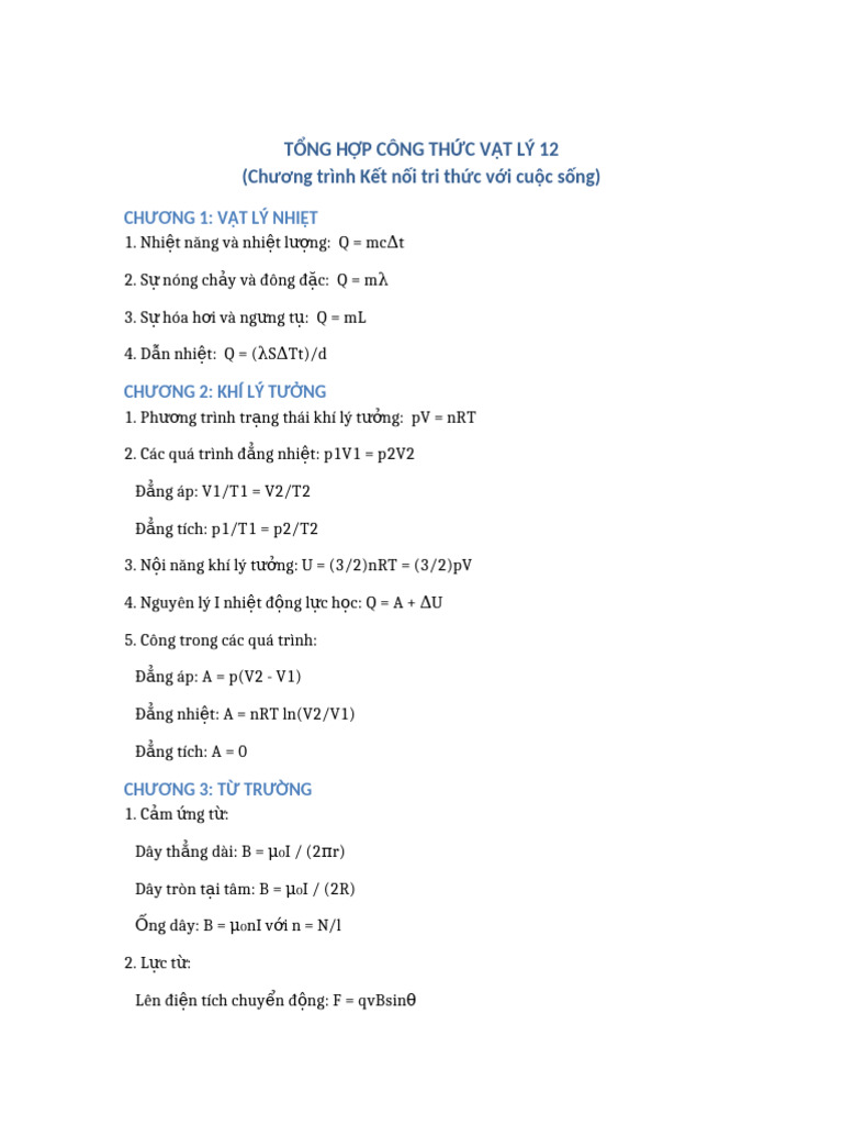 Tong Hop Cong Thuc Vat Ly 12 KNTT | PDF