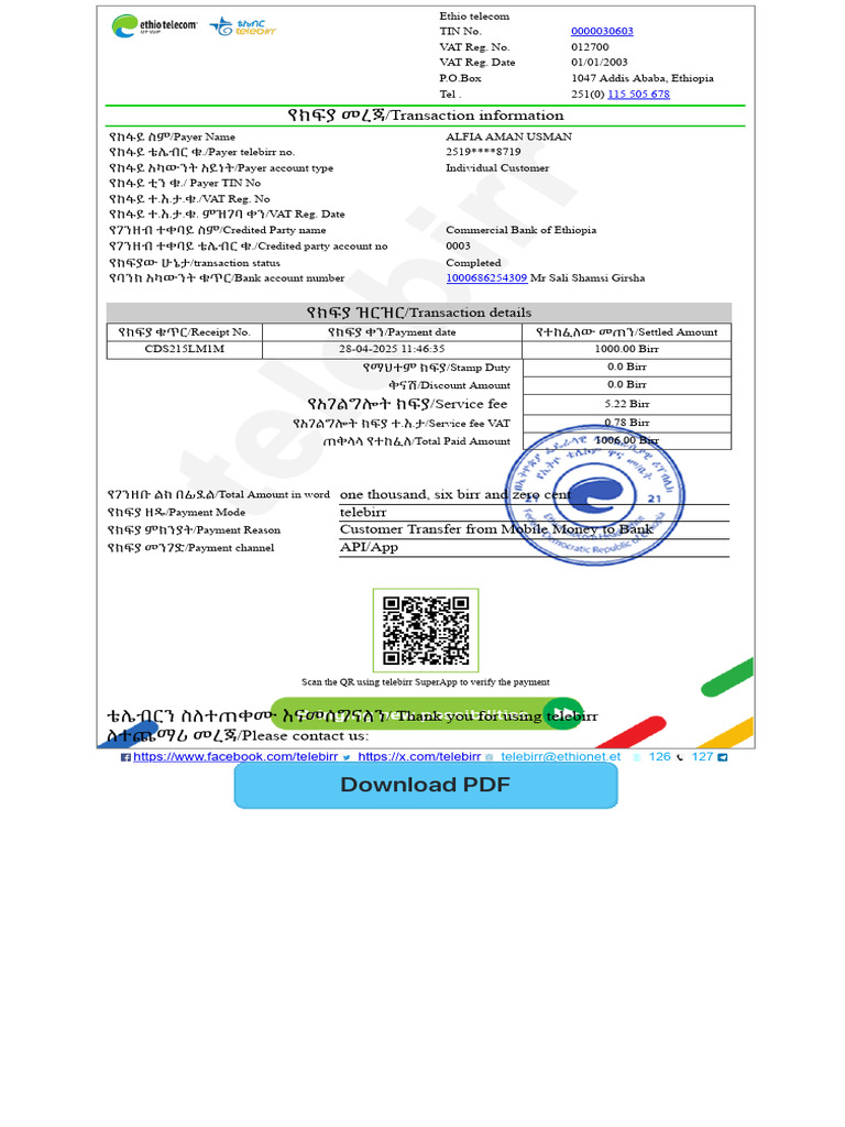 Telebirr Receipt Download Information | PDF