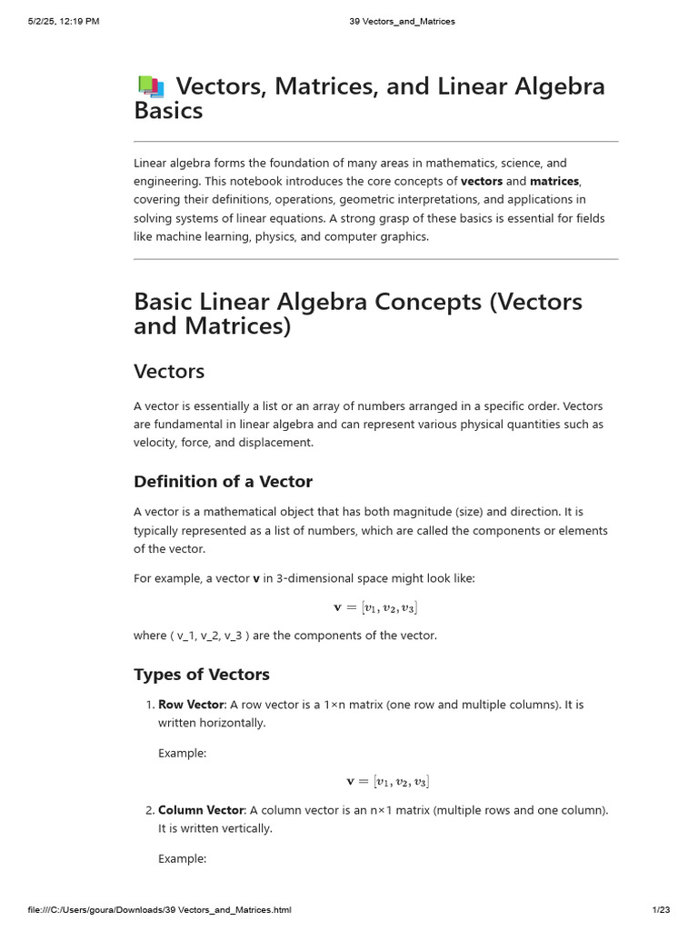 Vectors, Matrices & Linear Algebra Basics | PDF | Matrix (Mathematics) | Euclidean Vector