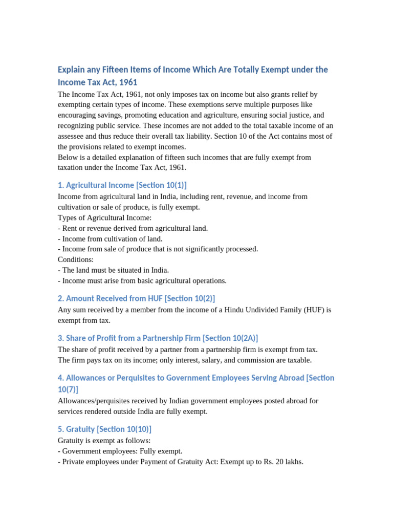 Exempt Incomes Under Income Tax Act 1961 | PDF | Taxes | Tax Exemption
