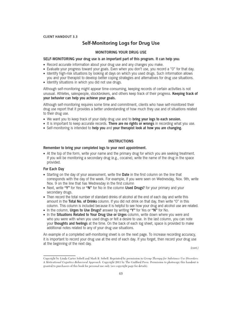 Client Handout 3 3 Self-Monitoring Logs For Drug Use | PDF | Substance ...