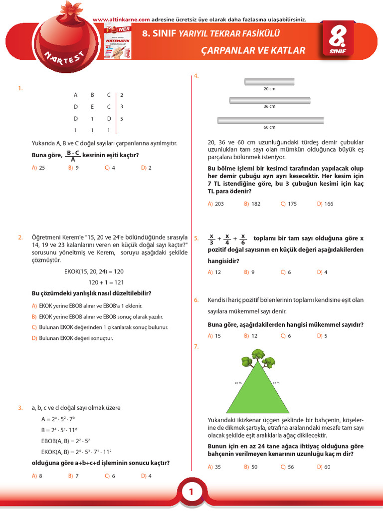 8. SINIF MAT 1 | PDF