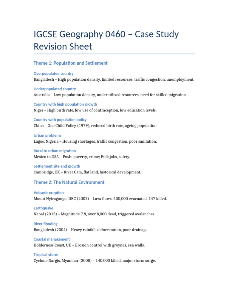 IGCSE Geography Case Study Revision Sheet | PDF