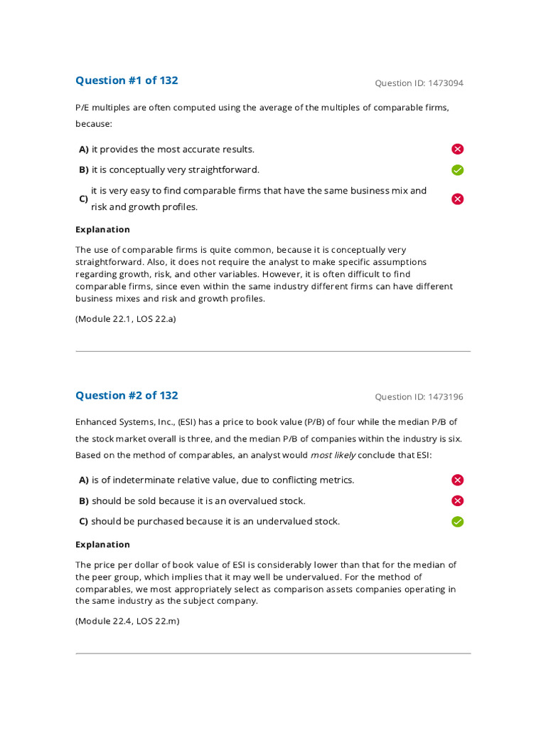 Reading 22 Market-Based Valuation - Price and Enterprise Value Multiples - Answers | PDF | Price ...