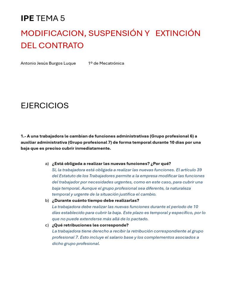 Ejercicios Tema 5 IPE MODIFICACION, SUSPENSIÓN Y EXTINCIÓN DEL CONTRATO | PDF | Daños y perjuicios