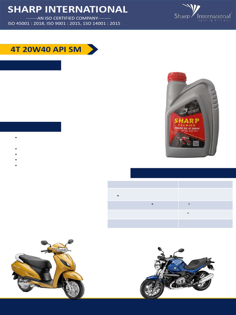 Sharp 4T 20W40 Engine Oil Overview | PDF | Motor Oil | Gear